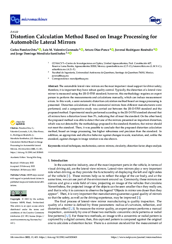 (PDF) Distortion Calculation Method Based on Image Processing for Automobile Lateral Mirrors ...