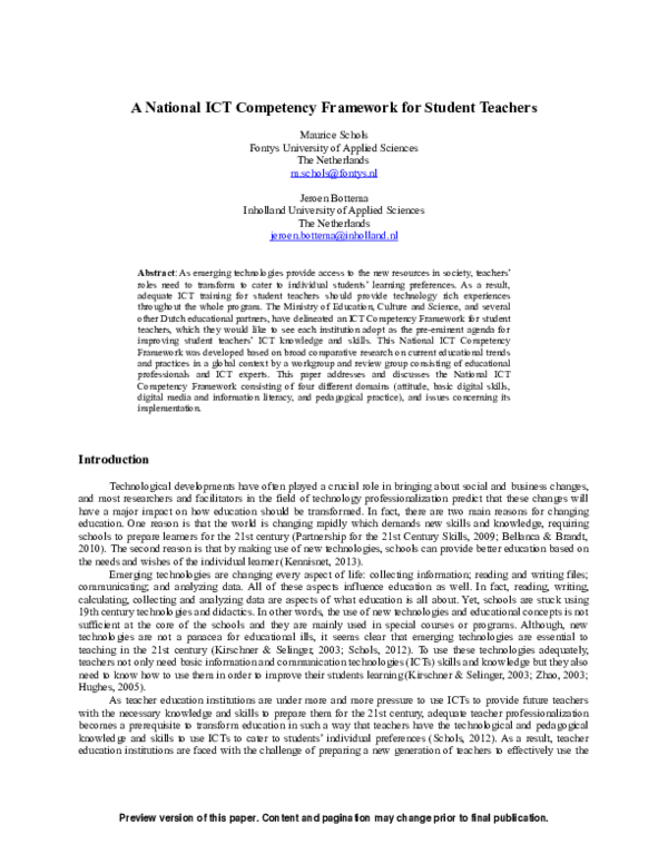 (PDF) A National ICT Competency Framework for Student Teachers