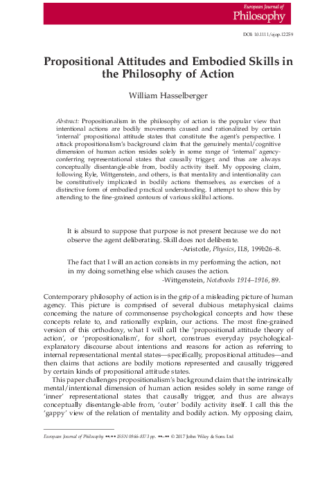 (PDF) Propositional Attitudes and Embodied Skills in the Philosophy of ...