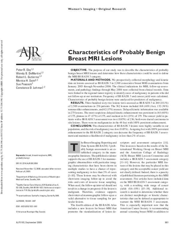(PDF) Characteristics of Probably Benign Breast MRI Lesions