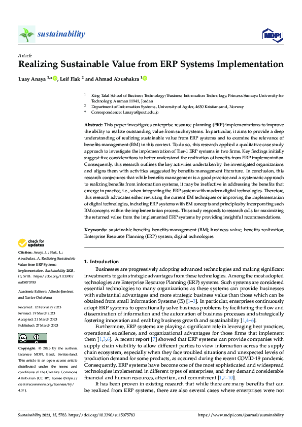 (PDF) Realizing Sustainable Value from ERP Systems Implementation