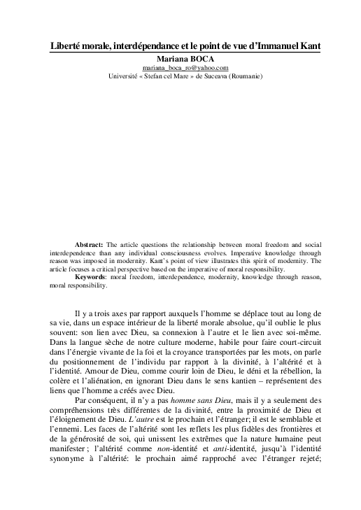(PDF) Liberté morale, interdépendance et le point de vue d'Immanuel Kant