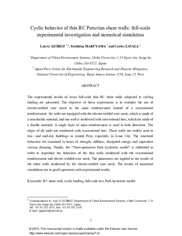 (PDF) Cyclic behavior of thin RC Peruvian shear walls: Full-scale experimental investigation and ...