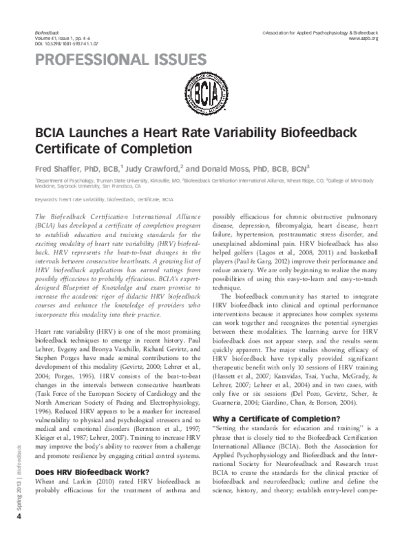 (PDF) BCIA Launches a Heart Rate Variability Biofeedback Certificate of ...