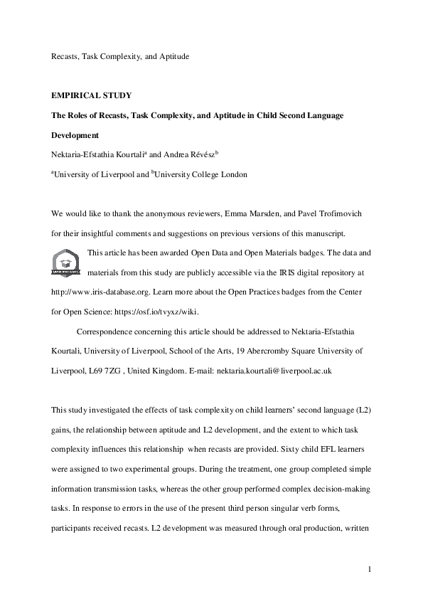 The Roles of Recasts, Task Complexity, and Aptitude in Child Second Language Development