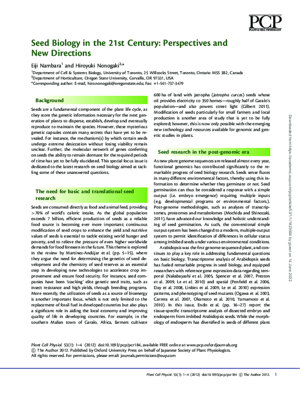 (PDF) Seed Biology in the 21st Century: Perspectives and New Directions