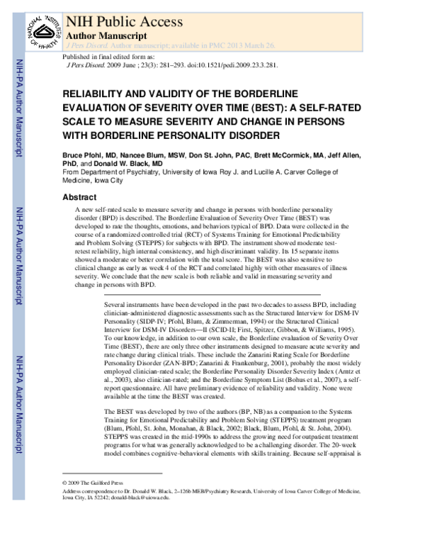 (PDF) Reliability and Validity of the Borderline Evaluation of Severity ...