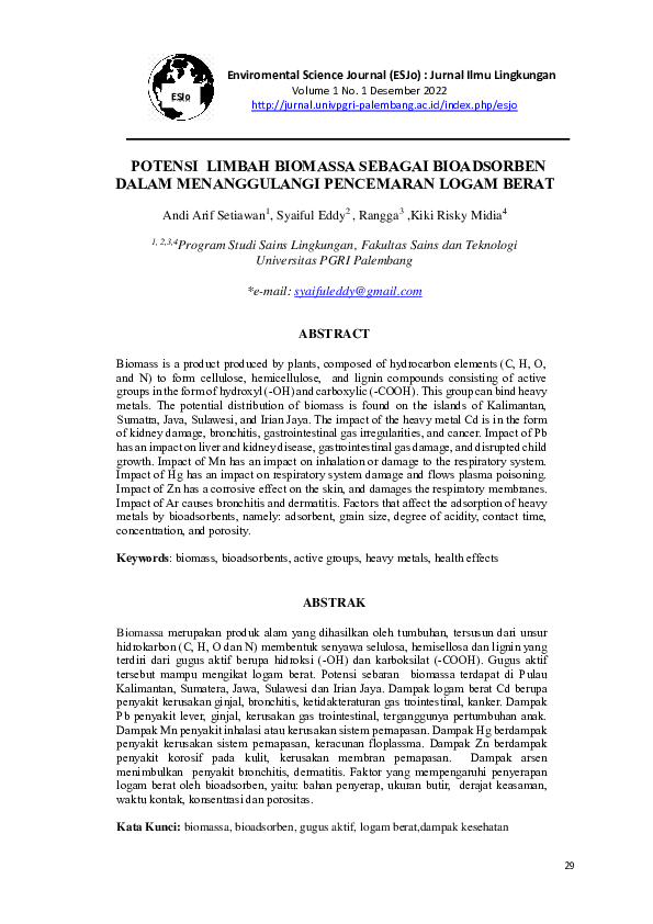 (PDF) Potensi Limbah Biomassa Sebagai Bioadsorben Dalam Menanggulangi ...