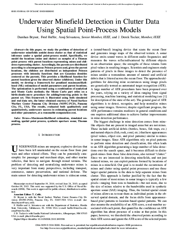 (PDF) Underwater Minefield Detection in Clutter Data Using Spatial Point-Process Models