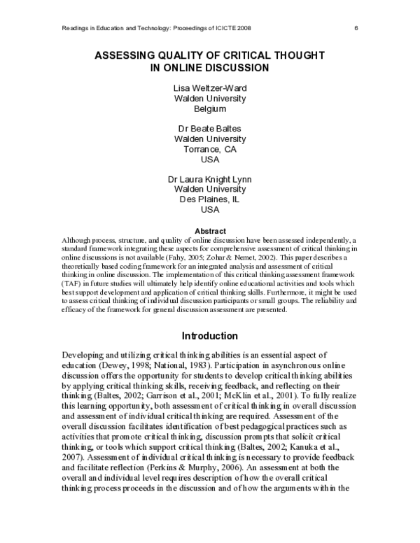 (PDF) Assessing quality of critical thought in online discussion | Laura Lynn - Academia.edu
