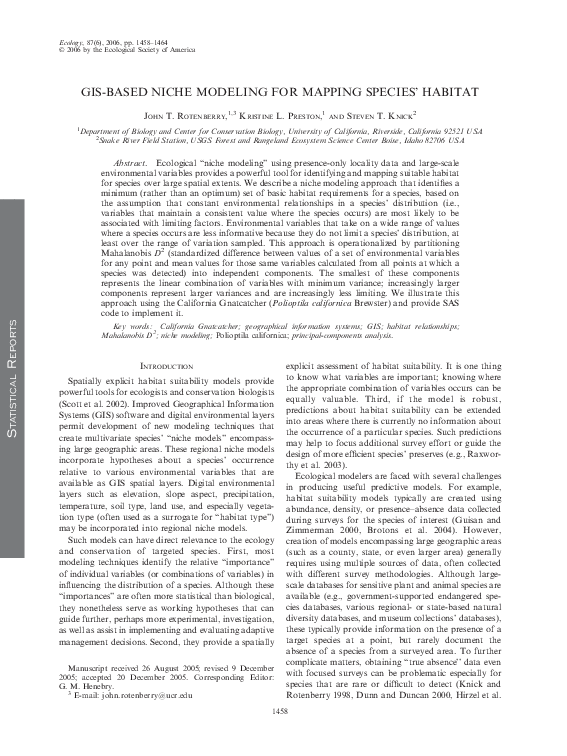 Pdf Gis Based Niche Modeling For Mapping Specieshabitat