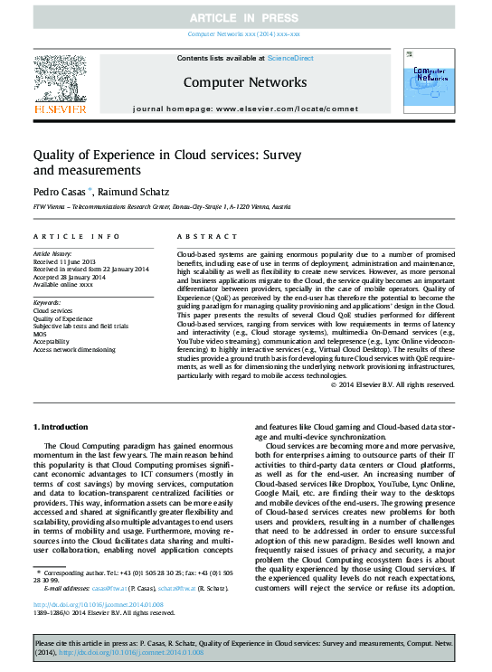 (PDF) Quality of Experience in Cloud services: Survey and measurements