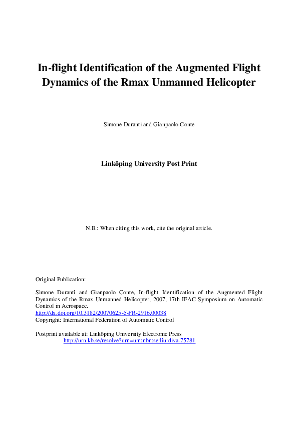 (PDF) In-Flight Identification of the Augmented Flight Dynamics of the Rmax Unmanned Helicopter