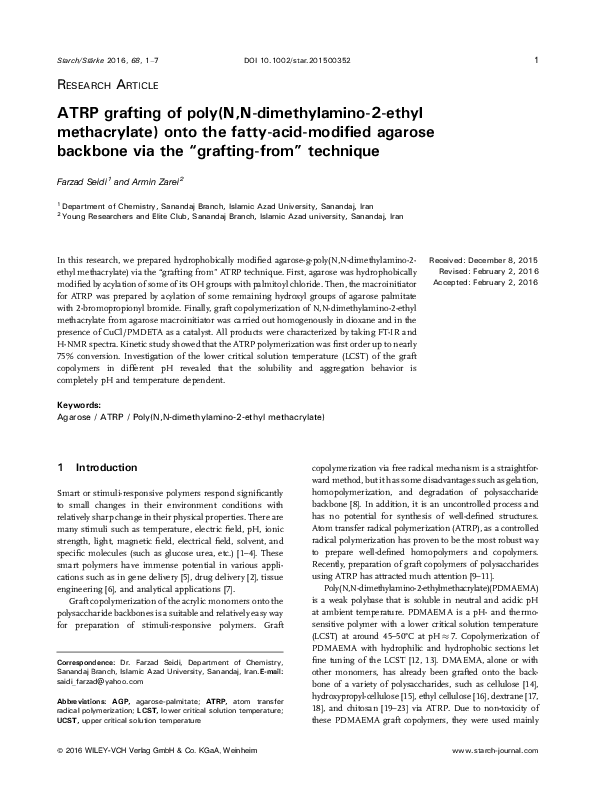 (PDF) ATRP grafting of poly(N,N-dimethylamino-2-ethyl methacrylate) onto the fatty-acid-modified ...