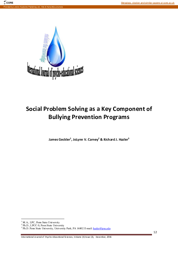 (PDF) Social Problem Solving as a Key Component of Bullying Prevention Programs