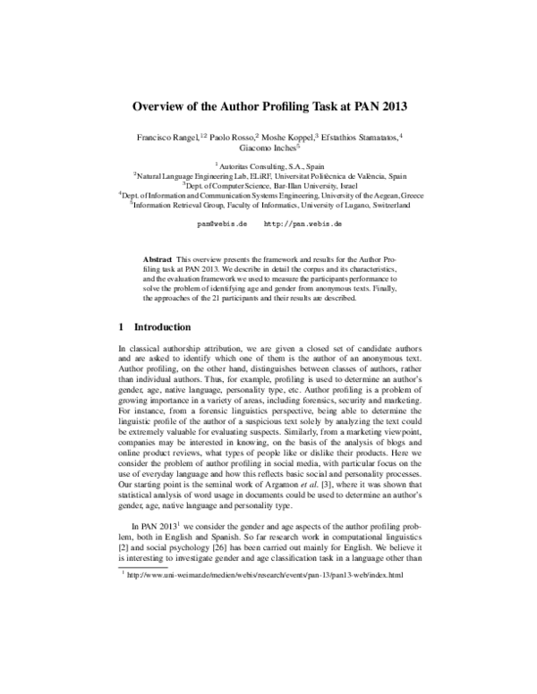 (PDF) Overview of the author profiling task at PAN 2013