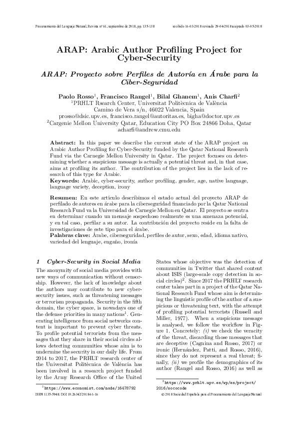 (PDF) ARAP: Arabic Author Profiling Project for Cyber-Security