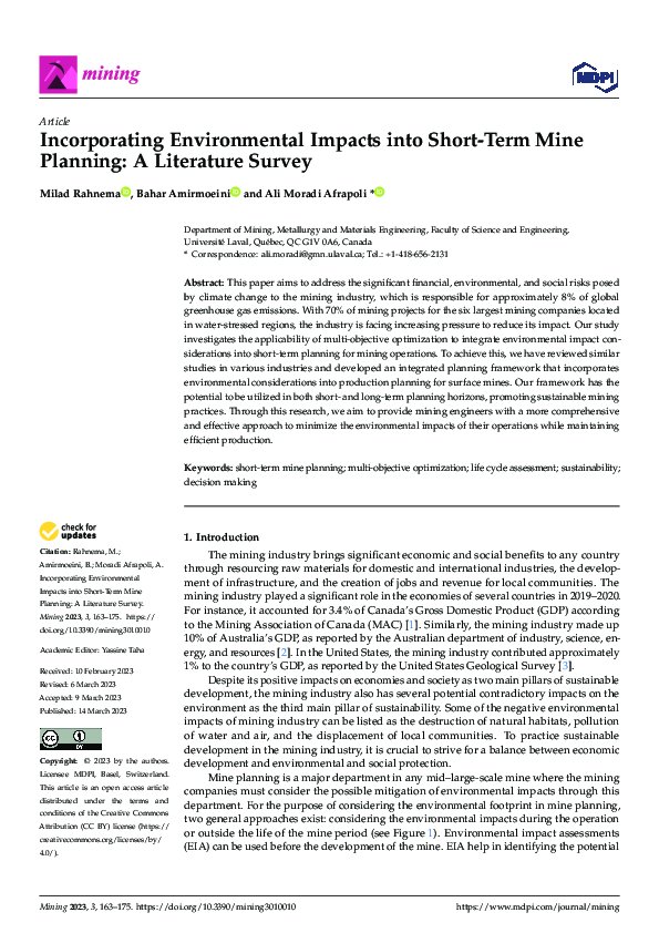 (PDF) Incorporating Environmental Impacts into Short-Term Mine Planning ...