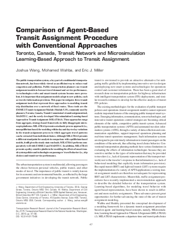 (PDF) Comparison of Agent-Based Transit Assignment Procedure with Conventional Approaches