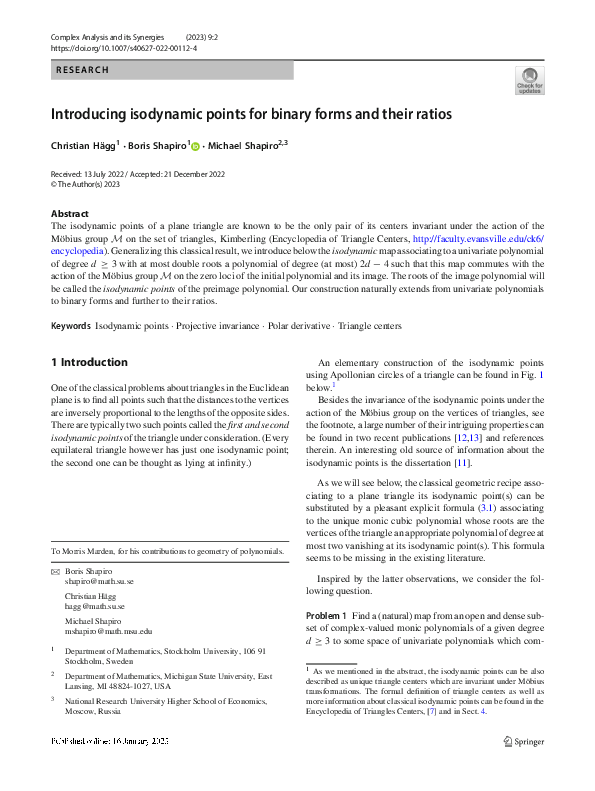 (PDF) Introducing isodynamic points for binary forms and their ratios