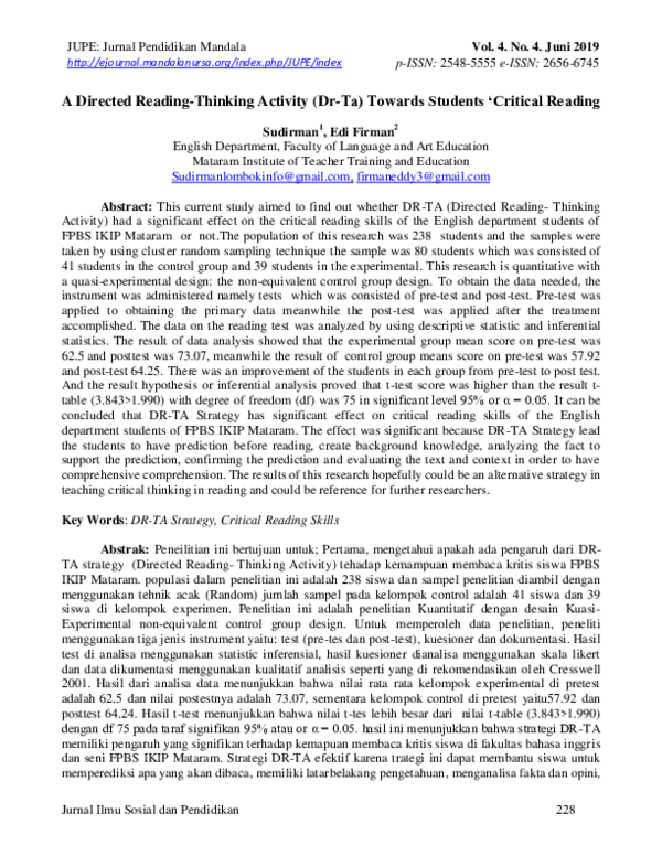 (PDF) A Directed Reading-Thinking Activity (Dr-Ta) Towards Students ...