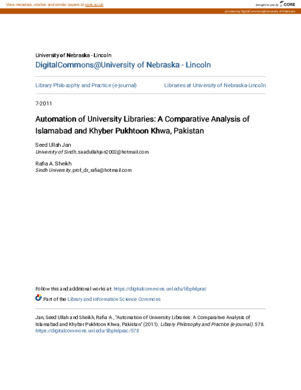 (PDF) Automation of University Libraries: A Comparative Analysis of Islamabad and Khyber ...