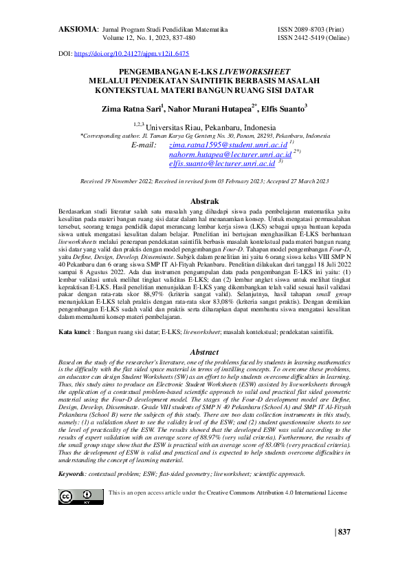 (PDF) Pengembangan E-LKS Liveworksheet Melalui Pendekatan Saintifik Berbasis Masalah Kontekstual ...