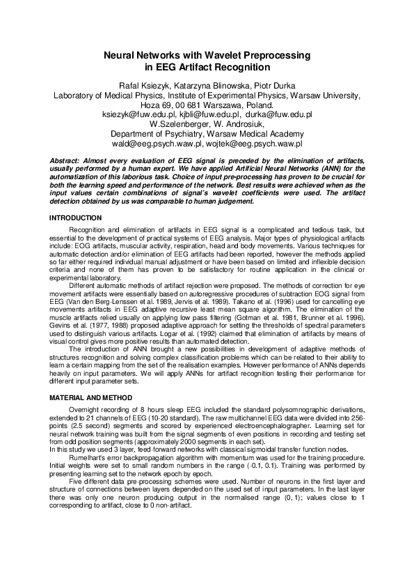 (PDF) Neural networks with wavelet preprocessing in EEG artifact recognition