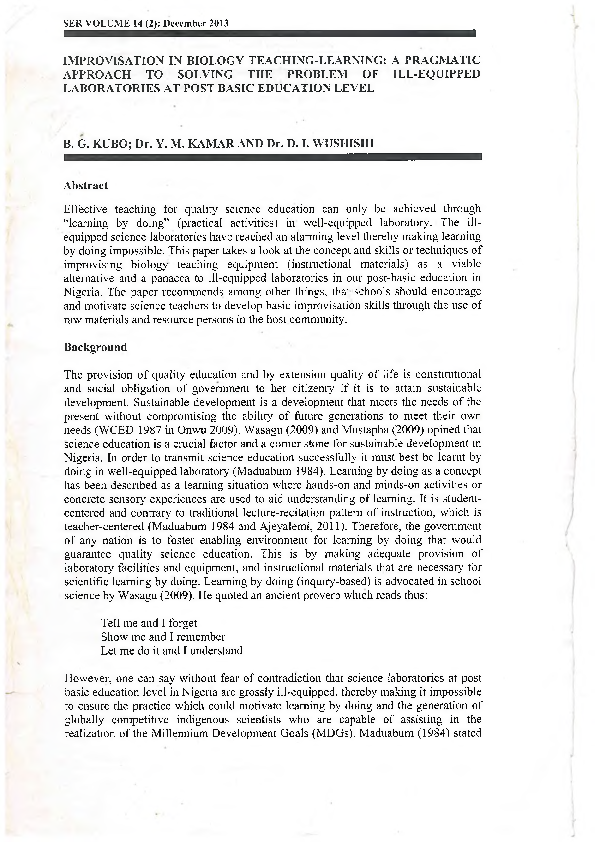 (PDF) Improvisation in Biology Teaching-Learning: A Pragmatic Approach to Solving the Problem of ...