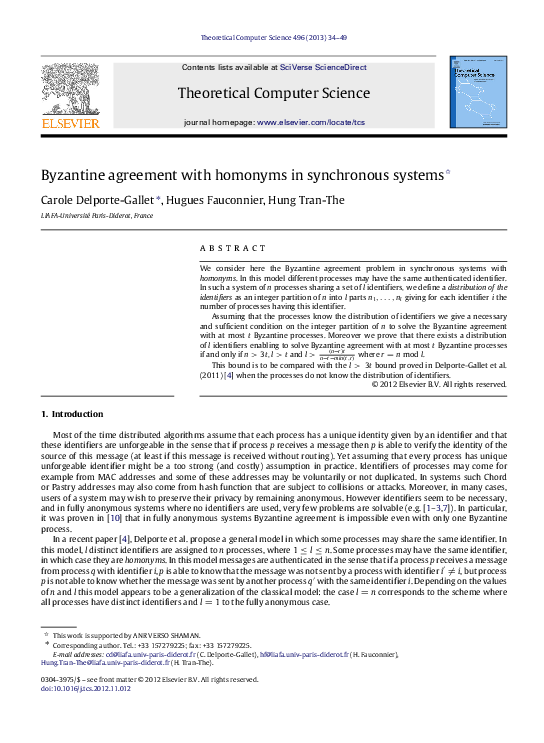 (PDF) Byzantine agreement with homonyms in synchronous systems