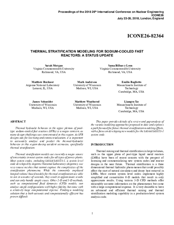 Pdf Thermal Stratification Modeling For Sodium Cooled Fast Reactors