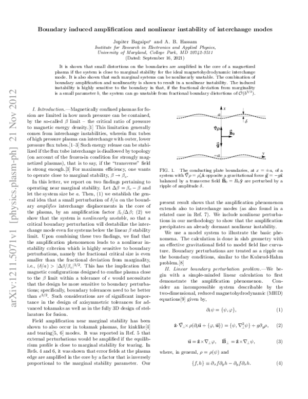(PDF) Boundary induced amplification and nonlinear instability of interchange modes
