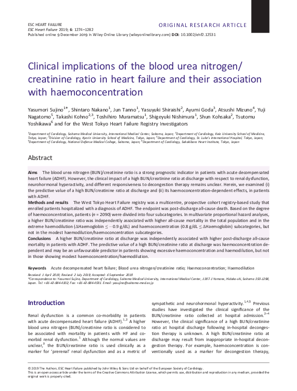 (PDF) Clinical implications of the blood urea nitrogen/creatinine ratio ...
