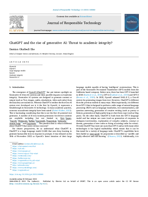 (PDF) ChatGPT and the rise of generative AI: Threat to academic integrity?