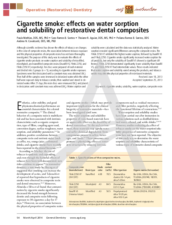 (PDF) Cigarette smoke: effects on water sorption and solubility of ...