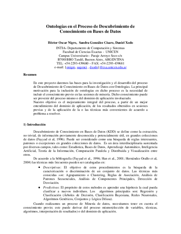 (PDF) Ontologí­as en el Proceso de Descubrimiento de Conocimiento en Bases de Datos