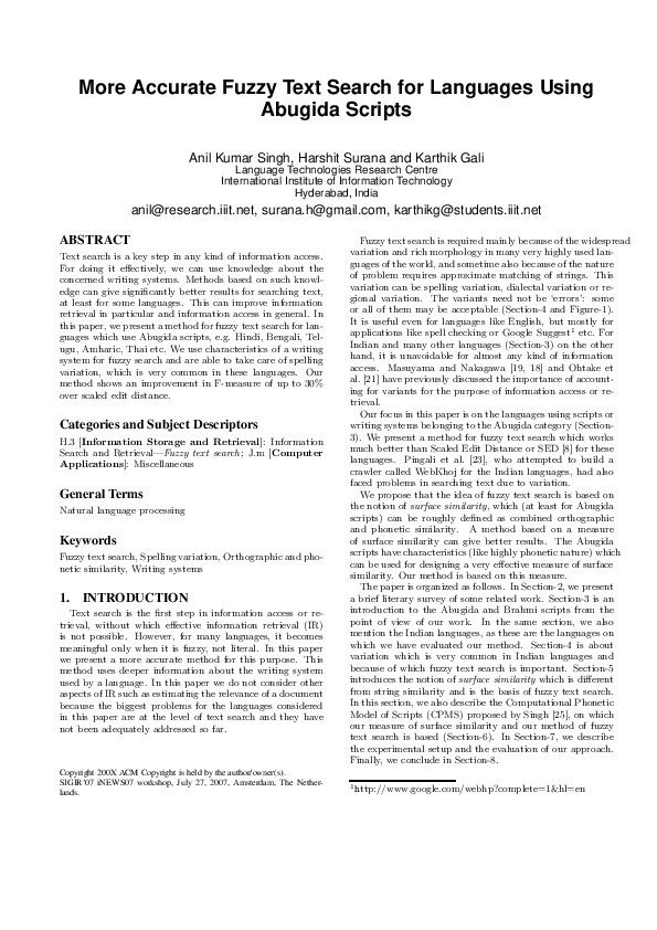 (PDF) More accurate fuzzy text search for languages using abugida scripts