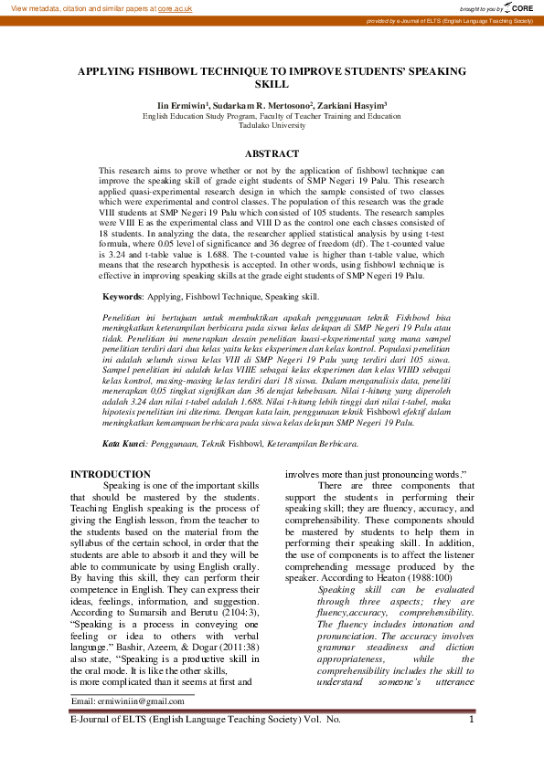 (PDF) Applying Fishbowl Technique to Improve Students’ Speaking Skill