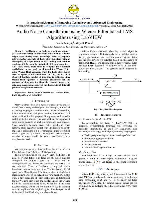 (PDF) Audio Noise Cancellation using Wiener Filter based LMS Algorithm using LabVIEW