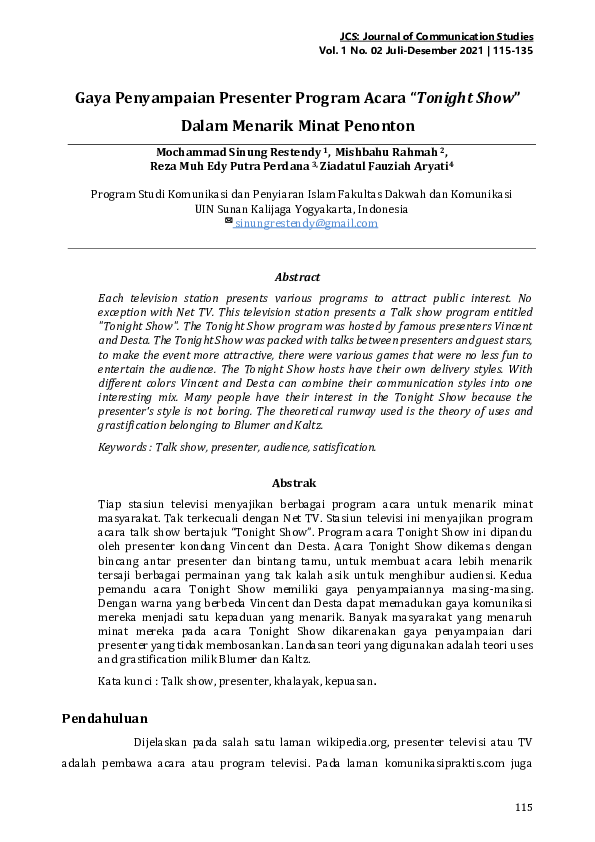 (PDF) Gaya Penyampaian Presenter Program Acara “Tonight Show” Dalam ...
