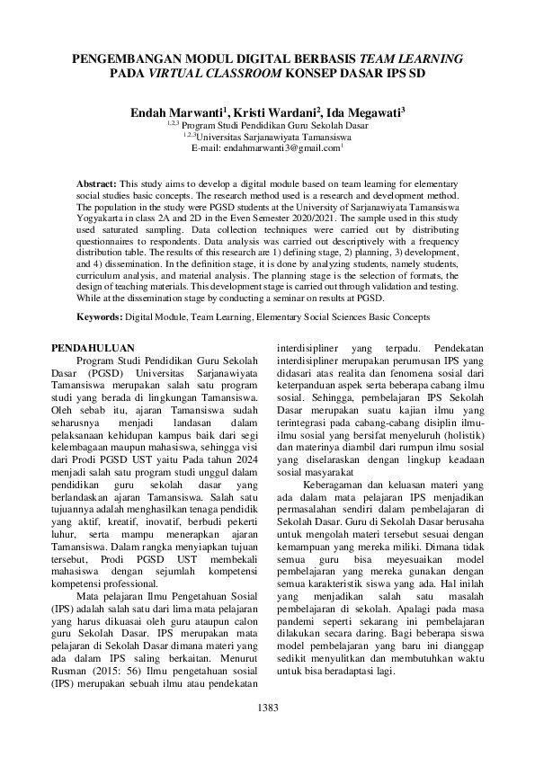 (PDF) Pengembangan Modul Digital Berbasis Team Learning Pada Virtual Classroom Konsep Dasar Ips SD