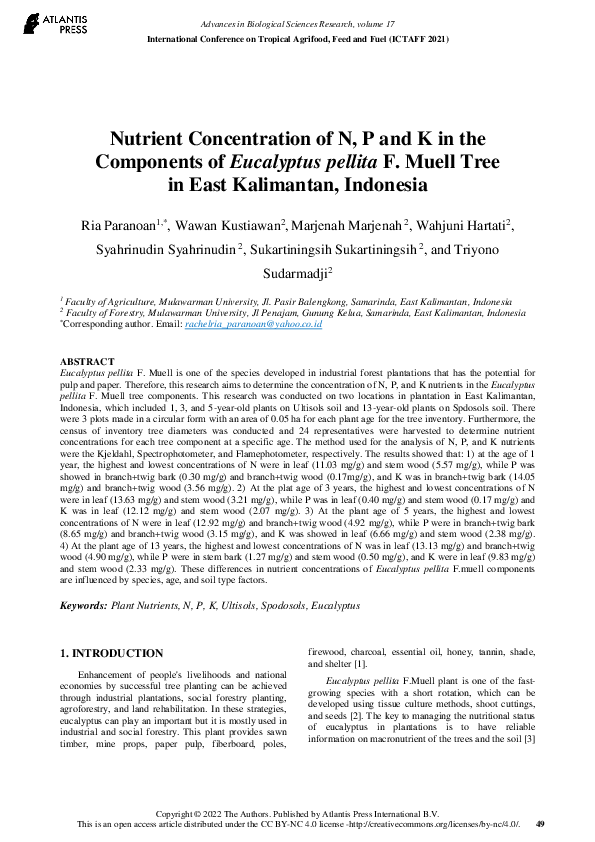 (PDF) Nutrient Concentration of N, P and K in the Components of Eucalyptus pellita F. Muell Tree ...