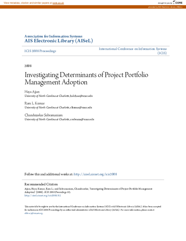 (PDF) Investigating Determinants of Project Portfolio Management Adoption
