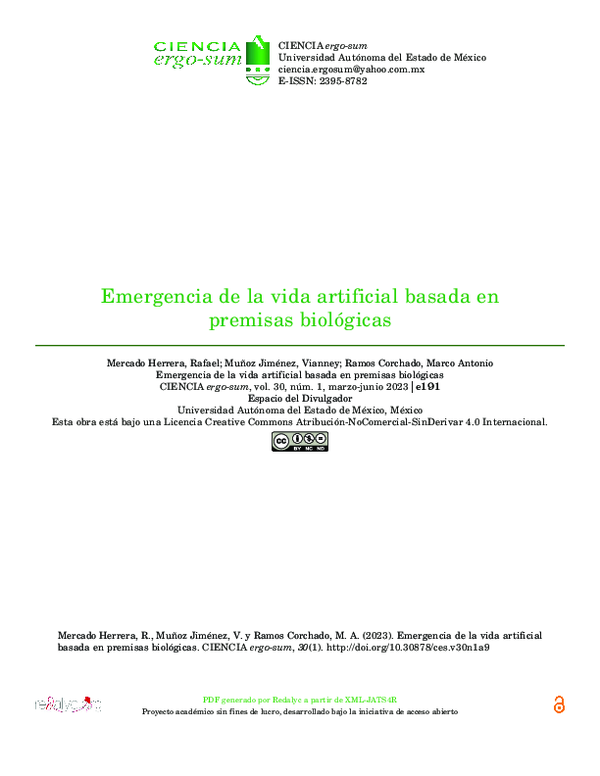 (PDF) Emergencia de la vida artificial basada en premisas biológicas