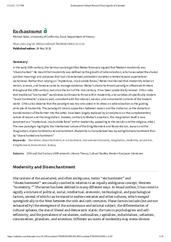 (PDF) “Enchantment” and “Disenchantment” in Western Modernity
