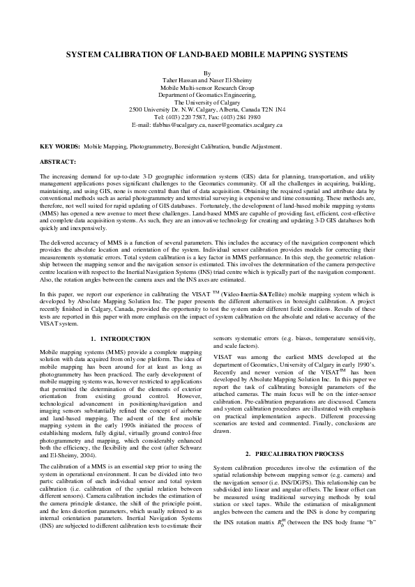 (PDF) System Calibration of Land-Baed Mobile Mapping Systems | Taher Hassan - Academia.edu
