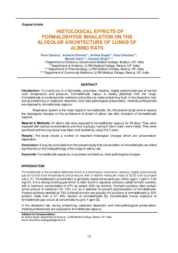 (PDF) Histological Effects of Formaldehyde Inhalation on the Alveolar ...