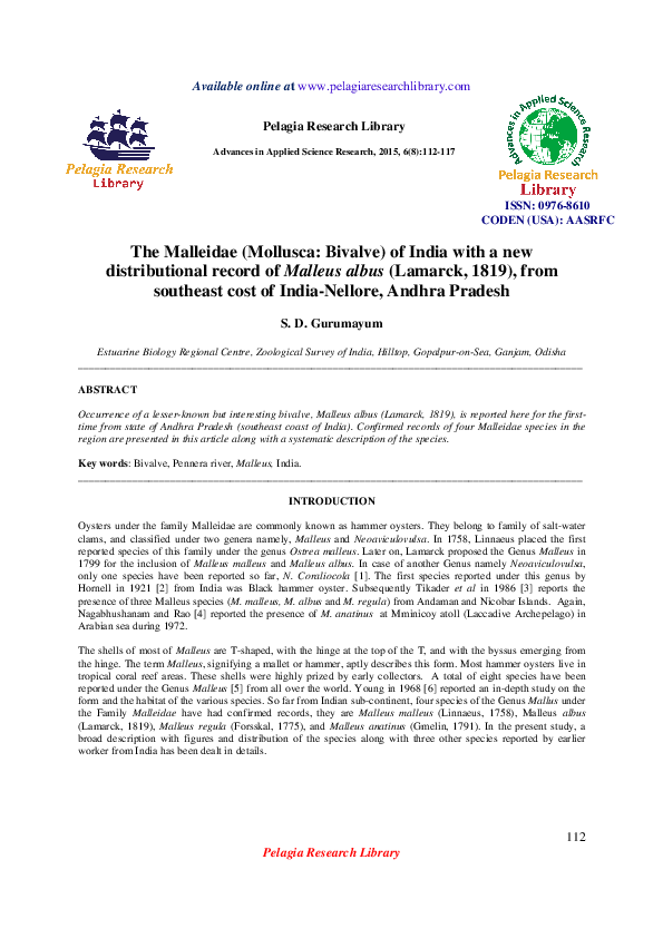 (PDF) The Malleidae (Mollusca: Bivalve) of India with a newdistributional record of Malleus ...