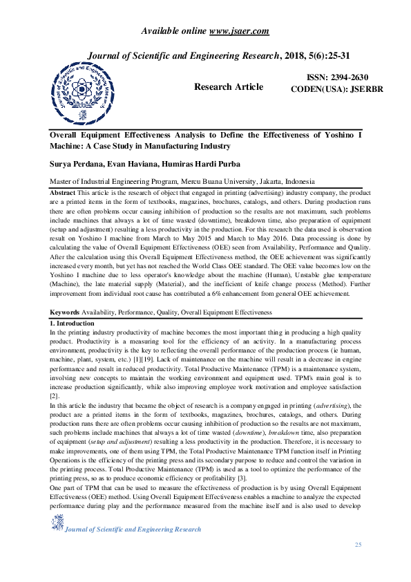 (PDF) Overall Equipment Effectiveness Analysis to Define the ...