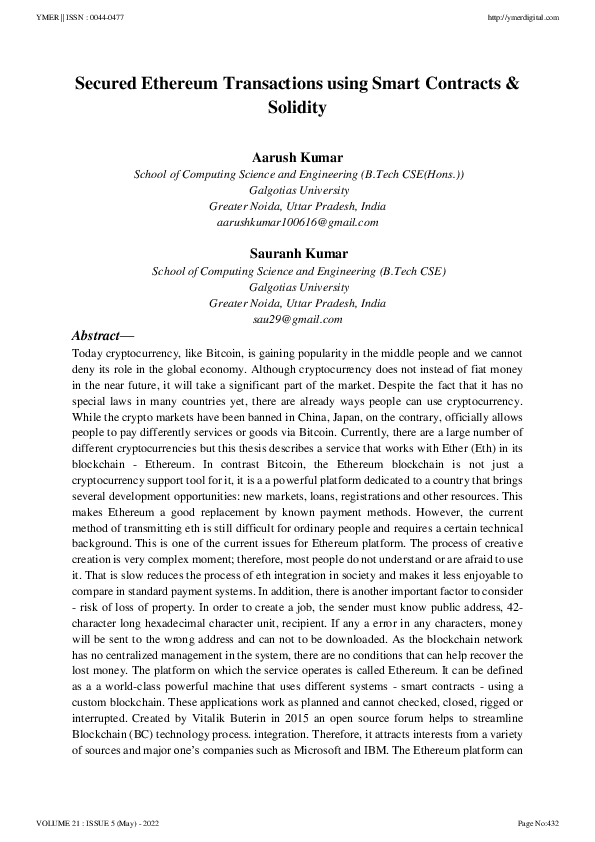 Pdf Secured Ethereum Transactions Using Smart Contracts And Solidity